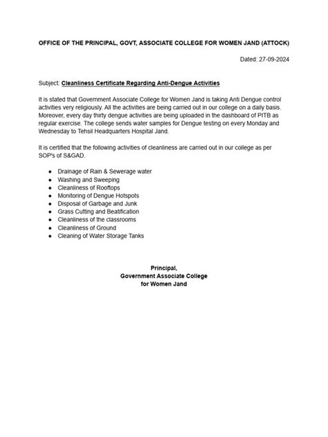 Cleanliness Certificate Regarding Anti Dengue Activities Pdf
