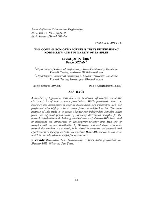 pdf the comparison of hypothesis tests determining normality and similarity of samples