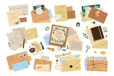 다양한 우편 봉투 마크 및 인사말 카드 소포 세트 공예 종이 편지 문구 우표 시트 스티커 펜의 컬렉션 플랫 벡터 그림입니다 0명에 대한 스톡 벡터 아트 및 기타 이미지