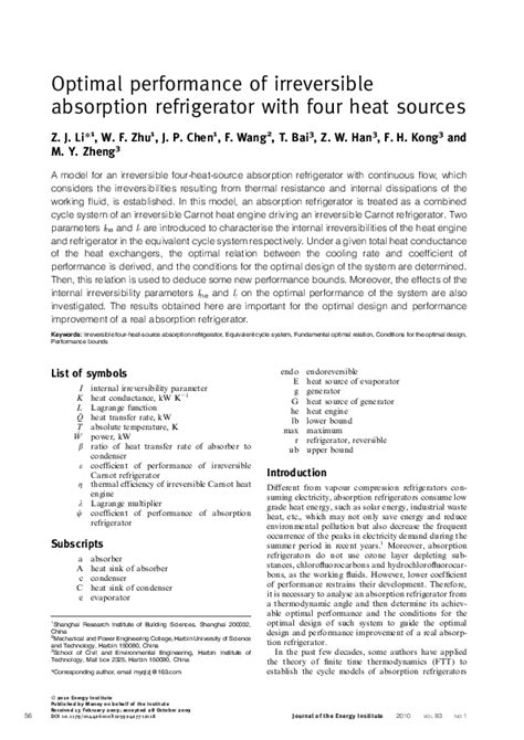 Pdf The Optimal Performance Of An Irreversible Absorption Refrigerator