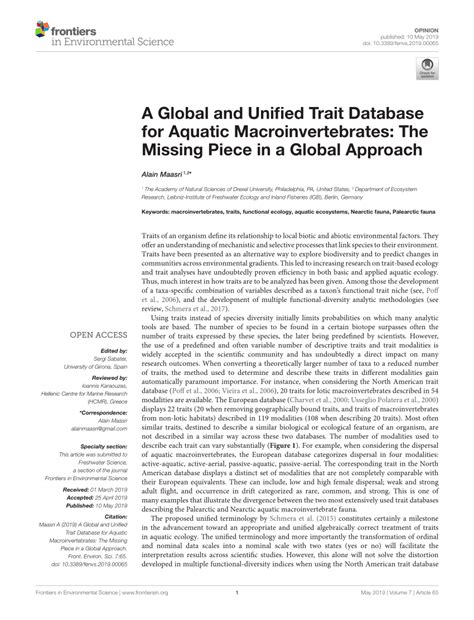 Pdf A Global And Unified Trait Database For Aquatic Macroinvertebrates The Missing Piece In A