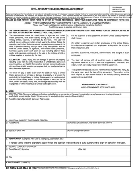 Dd Form 2402 Civil Aircraft Hold Harmless Agreement Printable Pdf