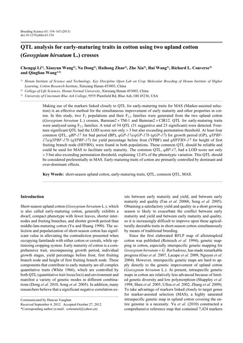 Pdf Qtl Analysis For Early Maturing Traits In Cotton Using Two Upland Cotton Gossypium