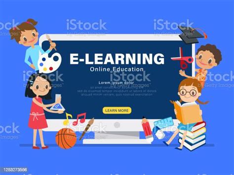 E러닝 온라인 교육 컨셉 일러스트레이션 학습 활동을 하는 어린이들그룹 아이에 대한 스톡 벡터 아트 및 기타 이미지 아이