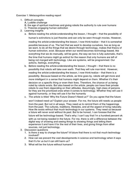 Exercise 1 Metacognitive Reading Report Pdf Human Robotics