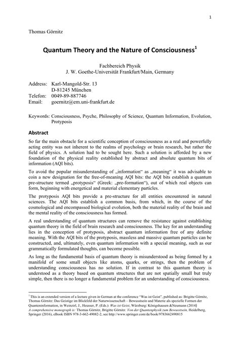 Pdf Quantum Theory And The Nature Of Consciousness 1