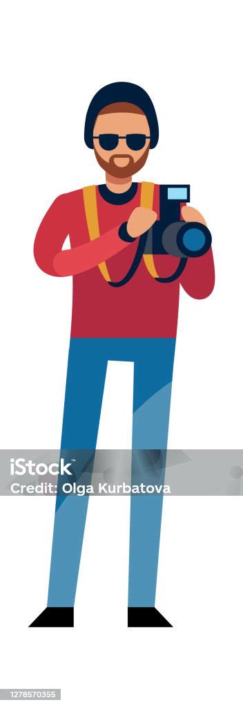 직장에서 사진 작가 사진 카메라 창조적 인 직업 직업 또는 취미를 들고 있는 남자 캐릭터는 젊은 파파라치 또는 기자 플랫 벡터