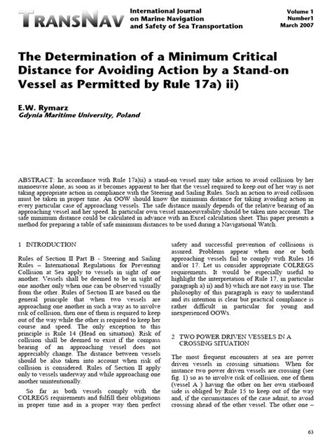 The Determination Of A Minimum Critical Distance For Avoiding Action By A Stand On Vessel As