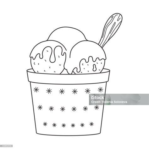 눈송이가있는 그릇에 녹은 장식과 나무 숟가락으로 아이스크림 공을 윤곽을 그립니다 유제품 차가운 디저트 제철 달콤한 음식 흑백 낙서 손으로 그린 벡터 일러스트 레이 션은