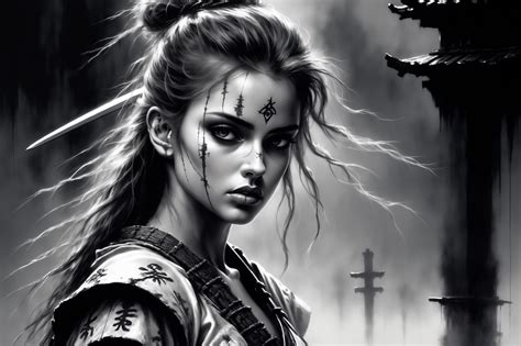 Samurai Girl Black And White Image Created By La Leche Tensor Art