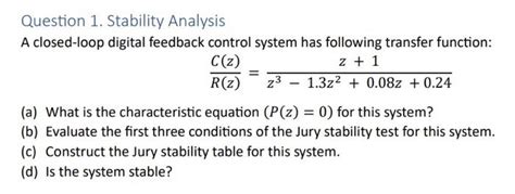 Solved Question Stability Analysis A Closed Loop Digital Chegg