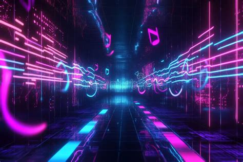 A Futuristic 3d Music Background Featuring Glowing Neon Sound Waves Pulsating Through A Dark