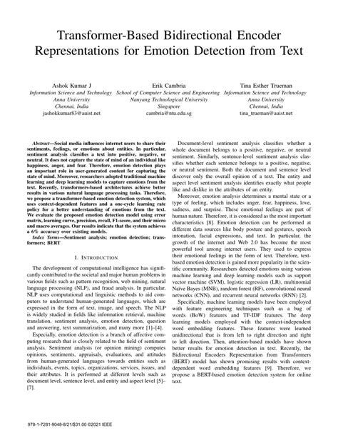Pdf Transformer Based Bidirectional Encoder Representations For Emotion Detection From Text