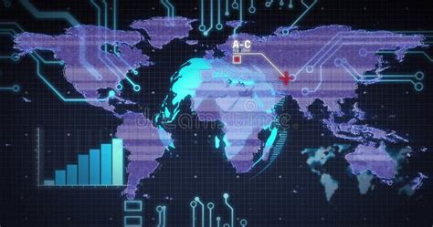 Displaying World Map On Dark Grid Interface With Neon Circuits Red Marker Bar Chart Inset