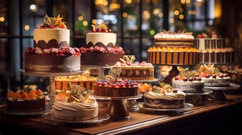 Premium Ai Image A Photo Of A Restaurant Cake Display With Beautifully Decorated Cakes