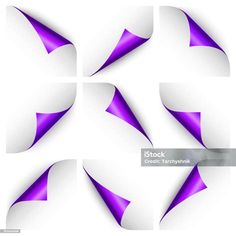 보라색 종이 컬 세트 그림자가있는 페이지 모서리가 구부러져 있습니다 빈 용지 화려한 반짝이는 호일 광고 및 홍보를위한 디자인 요소 벡터 일러스트레이션 책에 대한 스톡 벡터