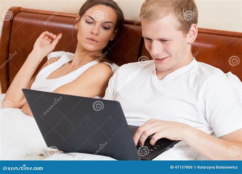 Internet Addiction In Couple S Life Stock Photo Image Of Marriage Bedroom 47137806