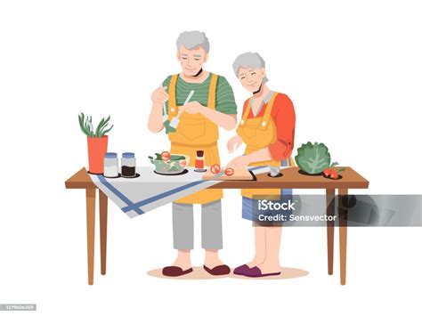 유기농 식품으로 식탁에서 건강한 식사를 준비하는 노인 부부 앞치마 요리 저녁 식사에 벡터 노인과 여자 채소 야채 양배추 당근 샐러드 향료 소금 후추 노인에 대한 스톡 벡터