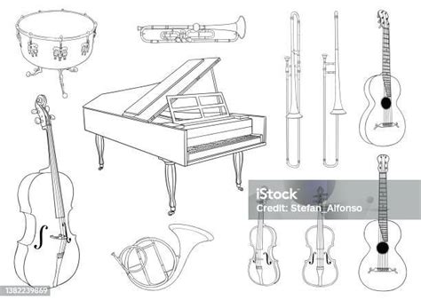 드럼 트럼펫 트롬본 기타 첼로 피아노 프렌치 혼 바이올린 다양한 악기의 간단한 그림 피아노에 대한 스톡 벡터 아트 및 기타 이미지 Istock