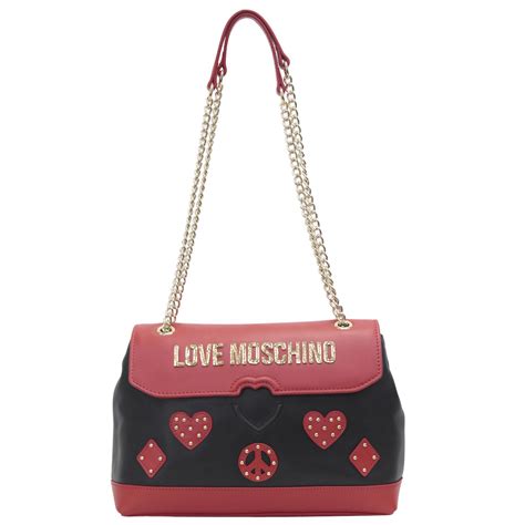 Love Moschino Womens Heart And Peace Patch Blackred Crossbody Handbag
