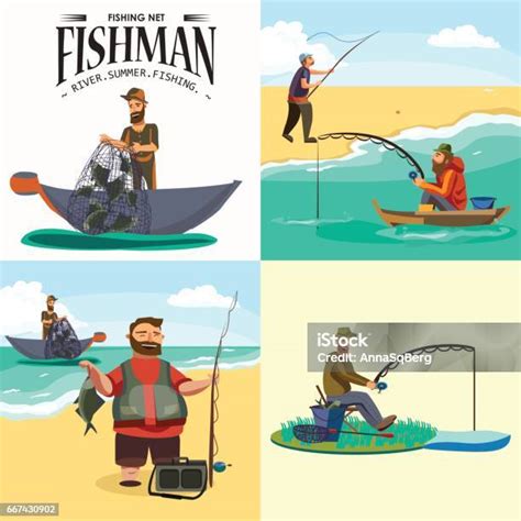 만화 어 부 모자에 끌어 당기 어 물고기 잡기를 보유 하 고 스핀 Vecor 그림 피셔 물 개념 남자 활성 취미 캐릭터 디자인에