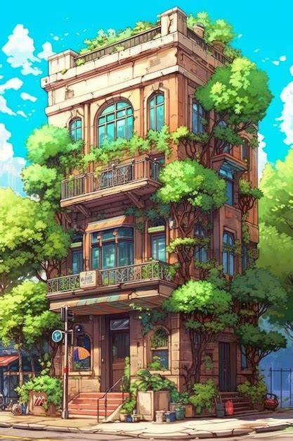 Premium AI Image A Drawing Of A Building That Has Trees And Plants