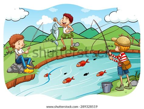 Niños Pescando En El Río Vector De Stock Libre De Regalías 289328519