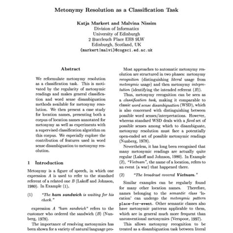 Metonymy Resolution As A Classification Task Acl Anthology