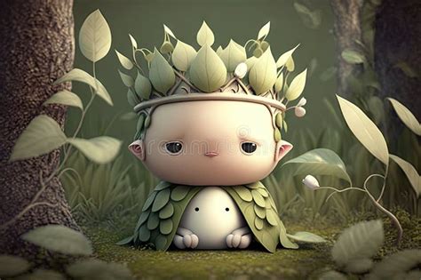 Cute Cartoon Character With Leafy Crown On Head Sitting In Peaceful