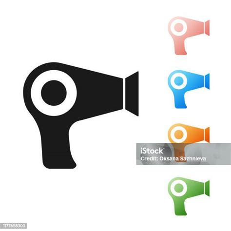 흰색 배경에 격리 된 검은 헤어 드라이어 아이콘입니다 헤어드라이어 사인 헤어 드라이 기호입니다 뜨거운 공기를 불어 다채로운 아이콘을 설정합니다 벡터 일러스트레이션 개념에