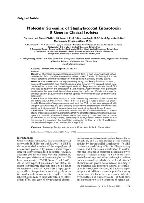 Pdf Molecular Screening Of Staphylococcal Enterotoxin B Gene In Clinical Isolates