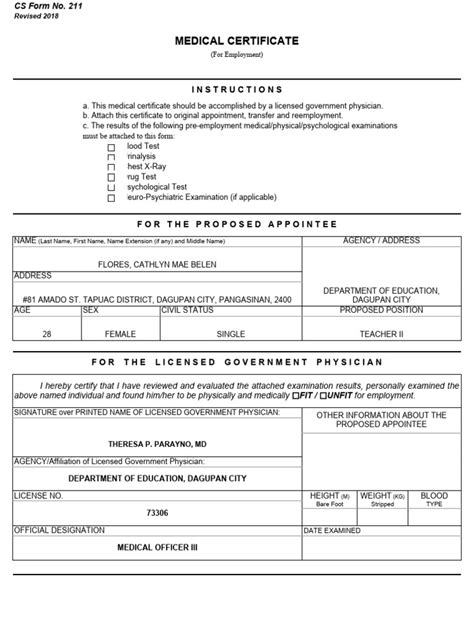 Cs Form No 211 Medical Certificate 3 Pdf Physician Health Sciences
