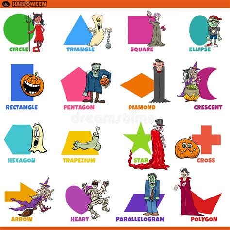 Basic Geometric Shapes With Halloween Characters Set Stock Vector