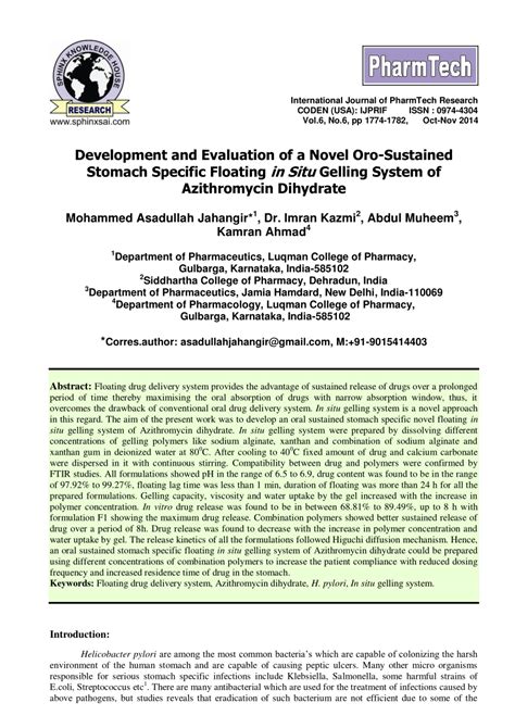 Pdf Development And Evaluation Of A Novel Oro Sustained Stomach Specific Floating In Situ