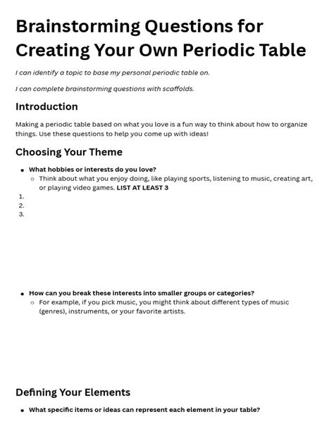 Brainstorming Questions For Creating Your Own Periodic Table Pdf