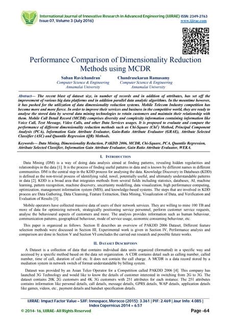 Performance Comparison Of Dimensionality Reduction Methods Using Mcdr Pdf