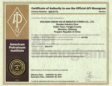 API ISO NIGC EAC Certifications XHVAL