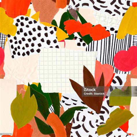 구 아 슈와 종이 콜라주 완벽 한 패턴입니다 Trandy 추상 콜라주입니다 종이 요소 스케치 낙서 선 도트 꽃 나뭇잎 모양을 잘라냅니다 손으로 그린 그림 포장 커버 등 0