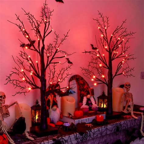 Halloween Decorations Indoor 2 Pack 24 Inch Halloween Black Tree With 24 Orange Red Lights