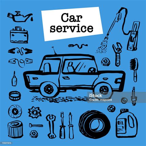 자동차 서비스 개념입니다 자동차 부품 및 도구 자동차 서비스 타이어 서비스 자동차 수리 등으로 설정 합니다 낙서 잉크 스타일 벡터 일러스트 레이 션입니다 0명에 대한 스톡