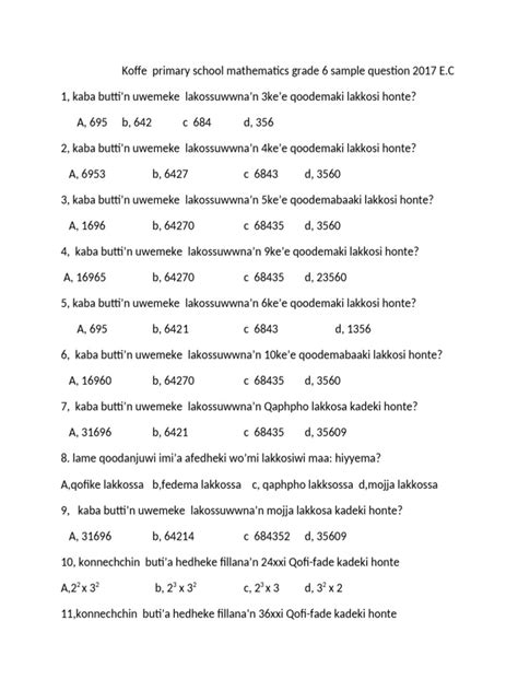 Koffe Primary School Mathematics Grade 6 Sample Question N Pdf