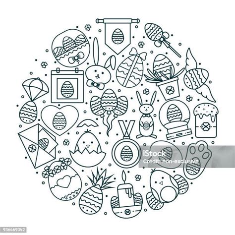 부활절 휴일 라운드 플랫 라인 기호 및 표시 구성 봉투 토끼 계란 촛불 캘린더 카드 초대장 전단 리플릿 얇은 선형 디자인 배너에 대 한 템플릿 공휴일에 대한 스톡 벡터 아트