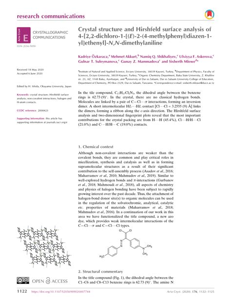 Pdf Crystal Structure And Hirshfeld Surface Analysis Of 4 22 Di­chloro 1 E 2 4 Methyl