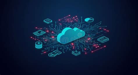 A Digital Illustration Featuring A Central Blue Cloud Symbol With Interconnected Circuit Stock