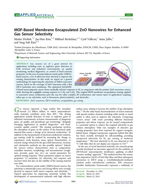 Pdf Mof Based Membrane Encapsulated Zno Nanowires For Enhanced Gas Sensor Selectivity
