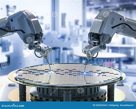 Semiconductor Manufacturing With Robotic Arms With Silicon Wafers Stock