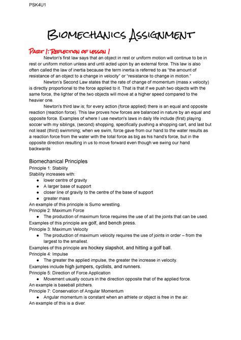 Biomechanics Assignment - This law is also often called the law of inertia because the term ...