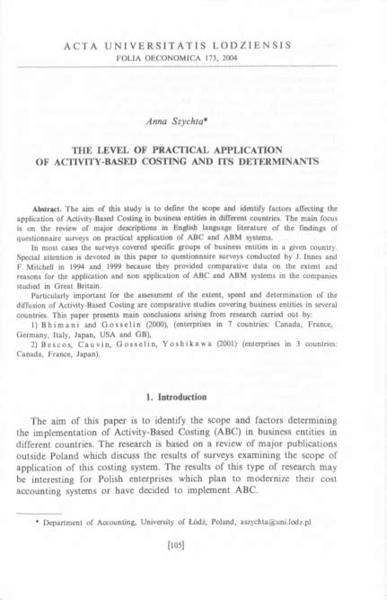 Pdf The Level Of Practical Application Of Activity Based Costing And Its Determinants