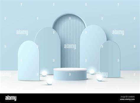 Abstract 3d Room With Realistic Blue Cylinder Pedestal Podium And Arch Shape Backdrop Ball Lamp
