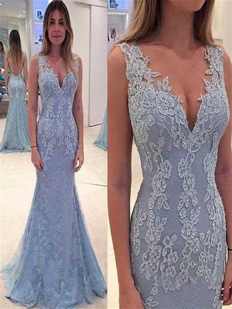 Blue Mermaid V Neck Backless Lace Prom Dresses Backless Wedding Dress